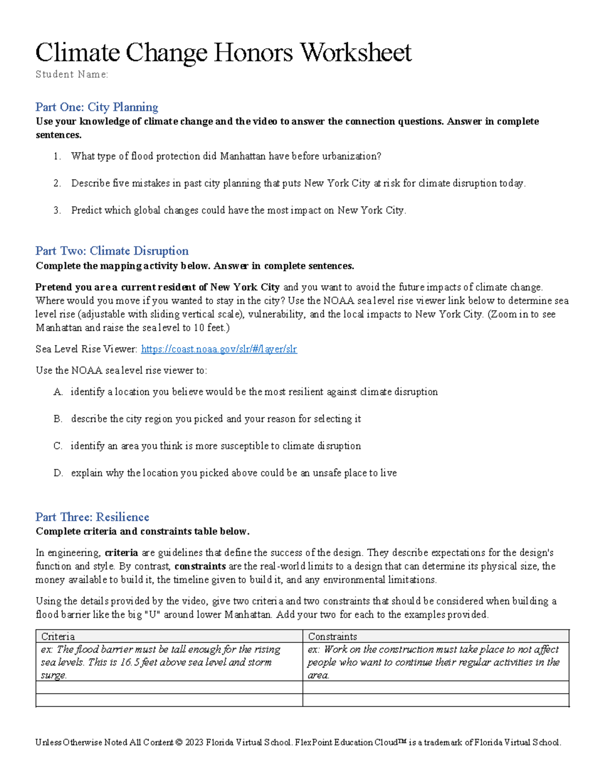 Climate Change Honors Worksheet (04 07) - Strategies for NYC Resilience ...
