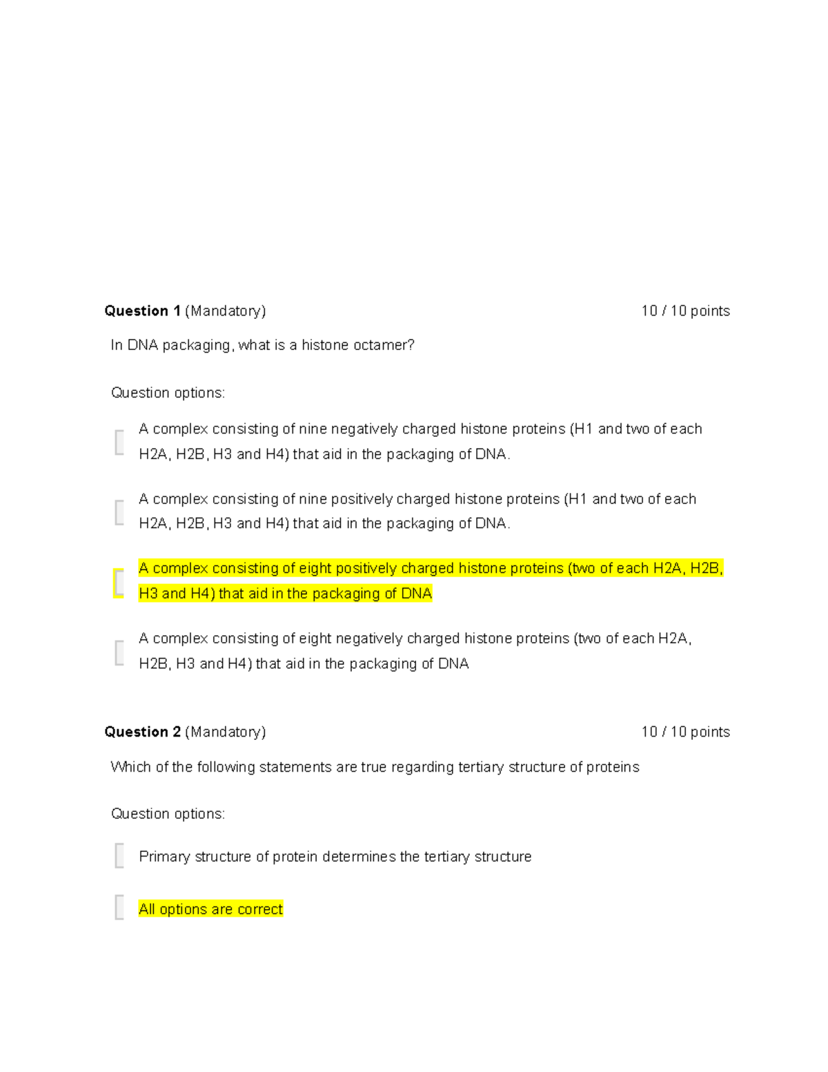 Pre-reading Quiz 1: Bio 3315 - DNA & Protein Structure Questions - Studocu