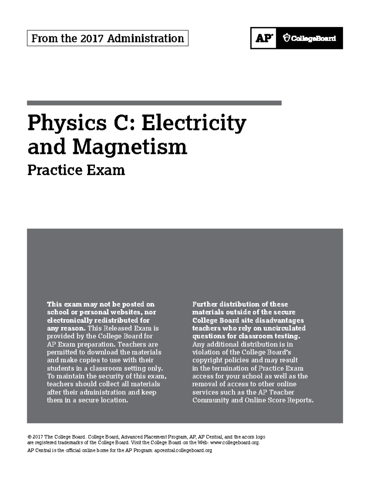AP EM 2017 - physics - From the 2017 Administration Physics C ...