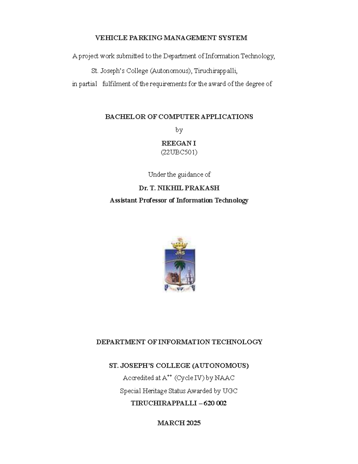 Vehicle Parking Management System - Final Project (22UBC501) - Studocu