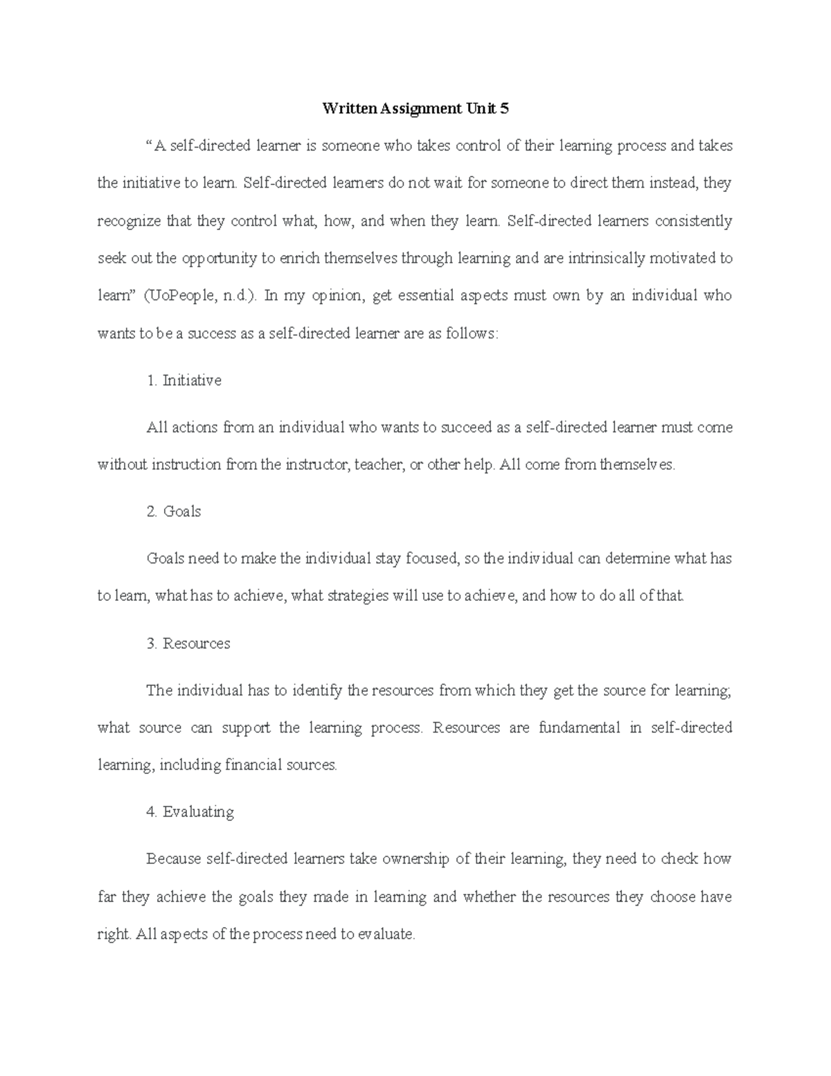 Unit 5 Written Assignment: Self-Directed Learning Insights - Studocu