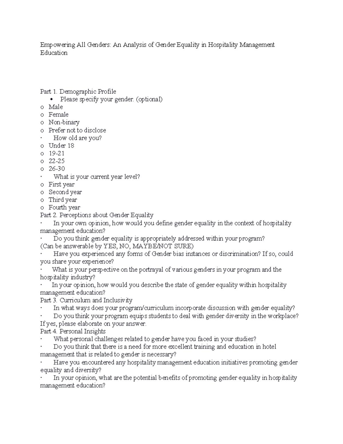 Questionnaire - research - Empowering All Genders: An Analysis of ...