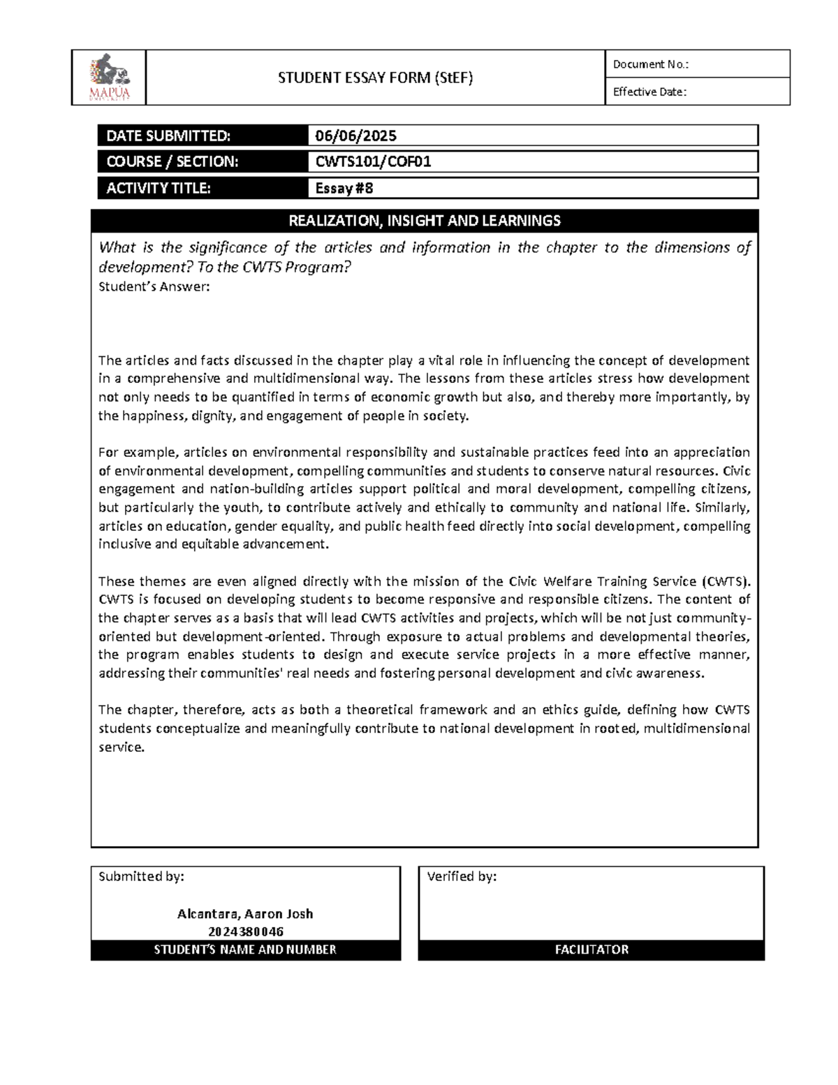 CWTS001 Essay: Realization, Insight, and Learnings on Development - Studocu