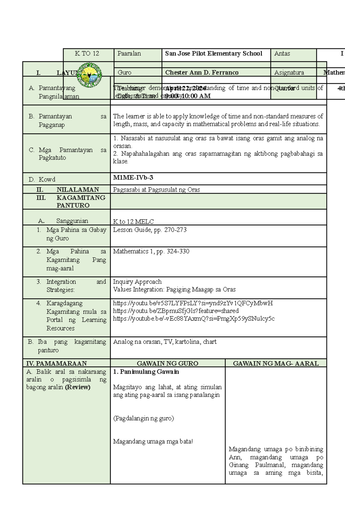 Clock lesson plan K to 12: Time and measurement for teachers - Studocu