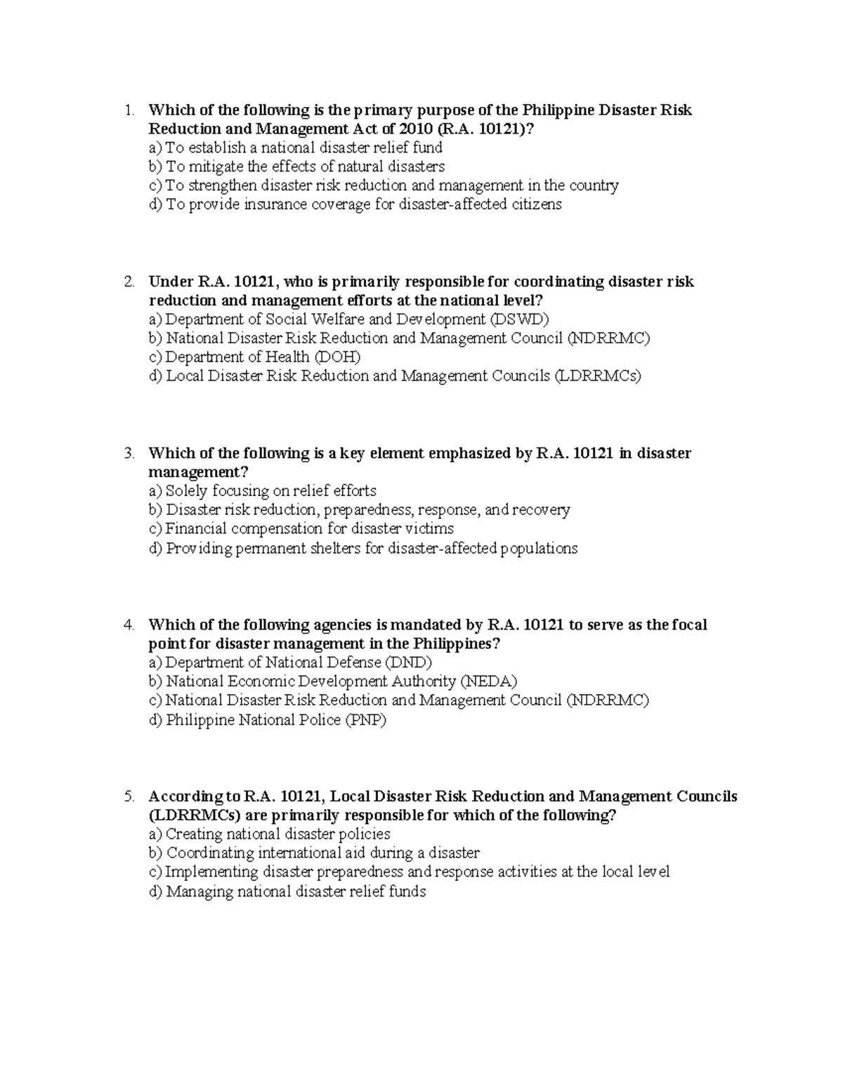 Disaster Nursing: Quiz on R.A. 10121 and Disaster Management - Studocu