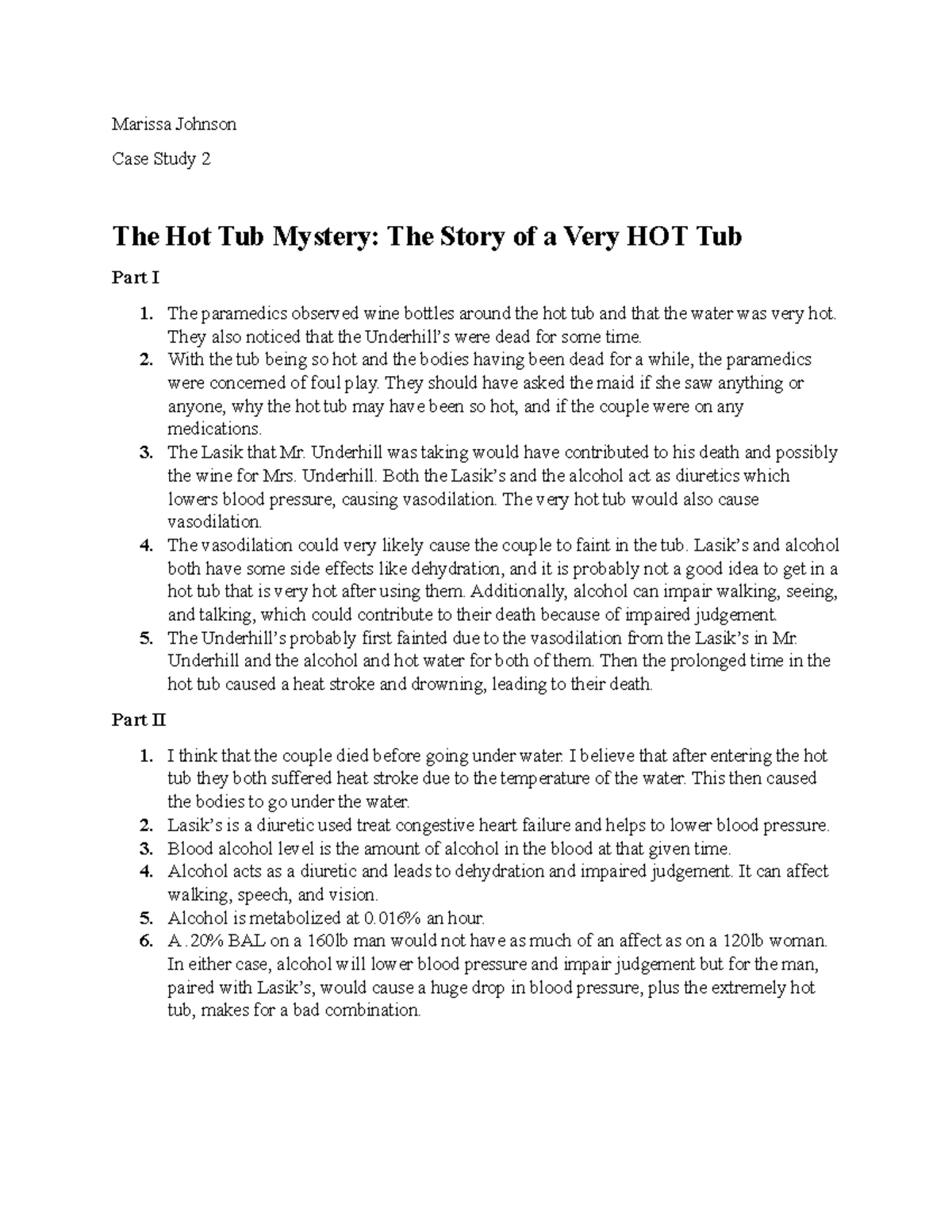 Case Study: The Hot Tub Mystery of Marissa Johnson (Part I & II) - Studocu