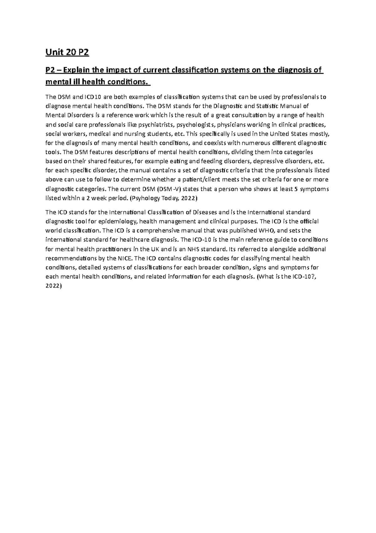 Unit 20 p2 - P2 from task 1 for Unit 20, Understanding Mental Health - Unit 20 P P2 – Explain ...
