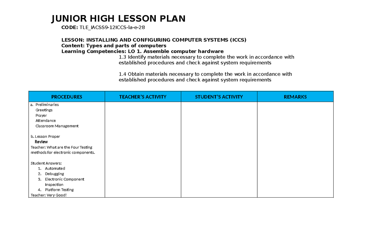 JUNIOR HIGH LESSON PLAN: INSTALLING & CONFIGURING COMPUTER SYSTEMS ...