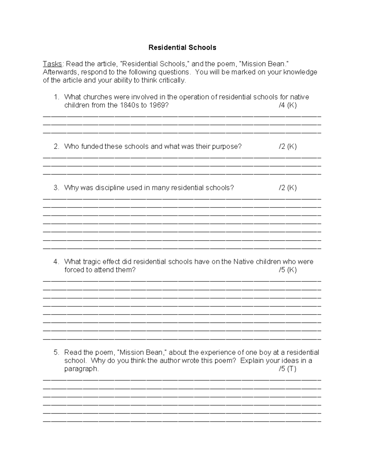 Residential Schools Questions and Critical Response (K) - Studocu