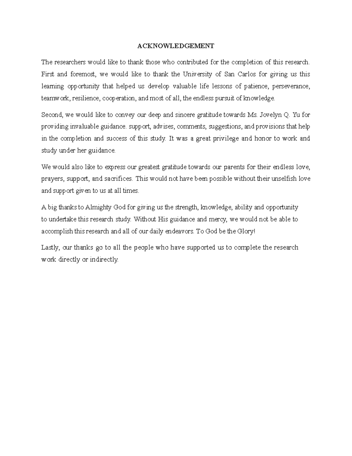 Acknowledgement Sample for Research Completion - Studocu