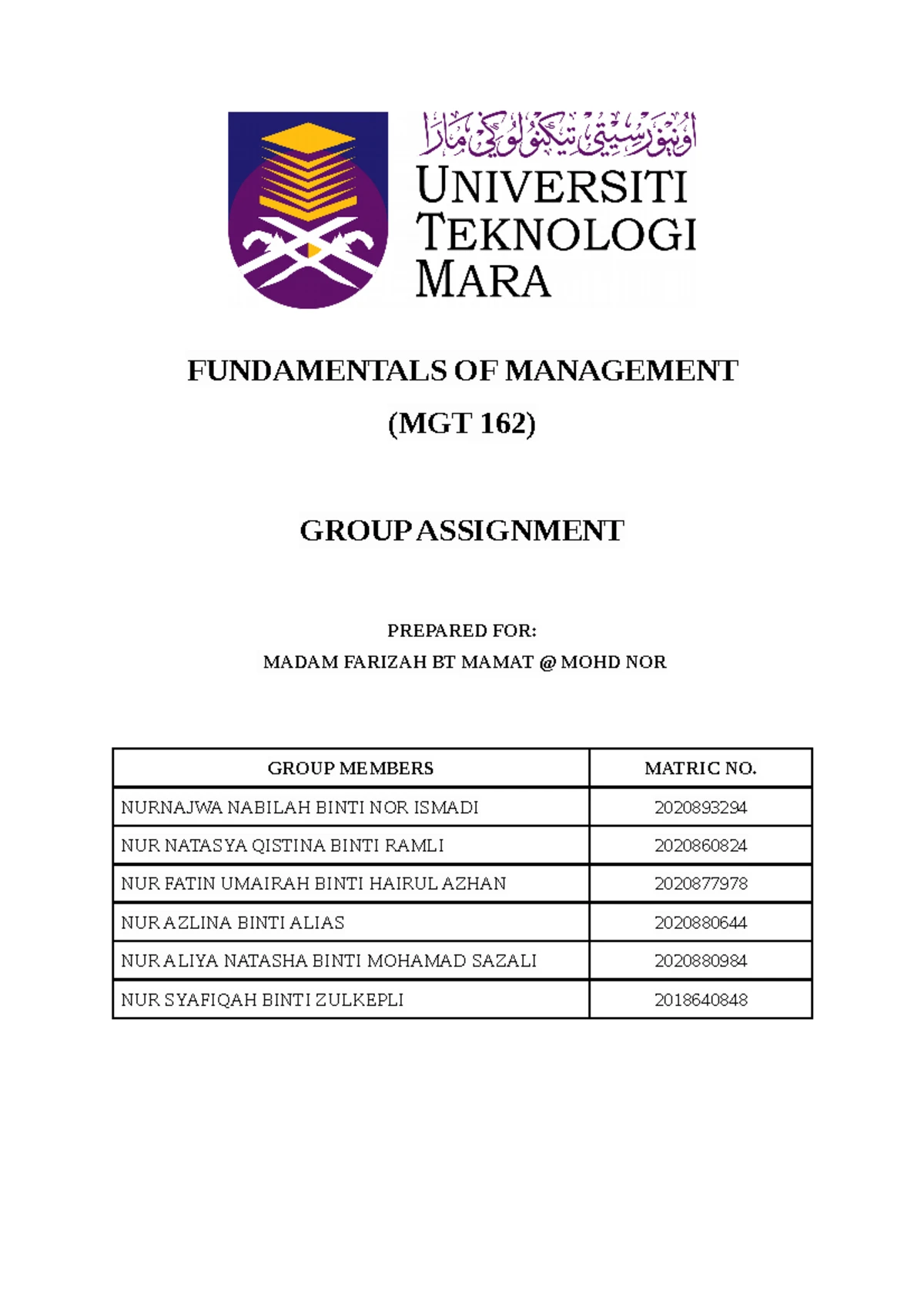 MGT 162 Group assignments (company) - FUNDAMENTALS OF MANAGEMENT (MGT 162) GROUP ASSIGNMENT ...