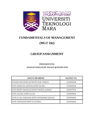 MGT162 Group Assignment - FUNDAMENTALS OF MANAGEMENT (MGT 162) GROUP ASSIGNMENT SUGARY BITEZ ...