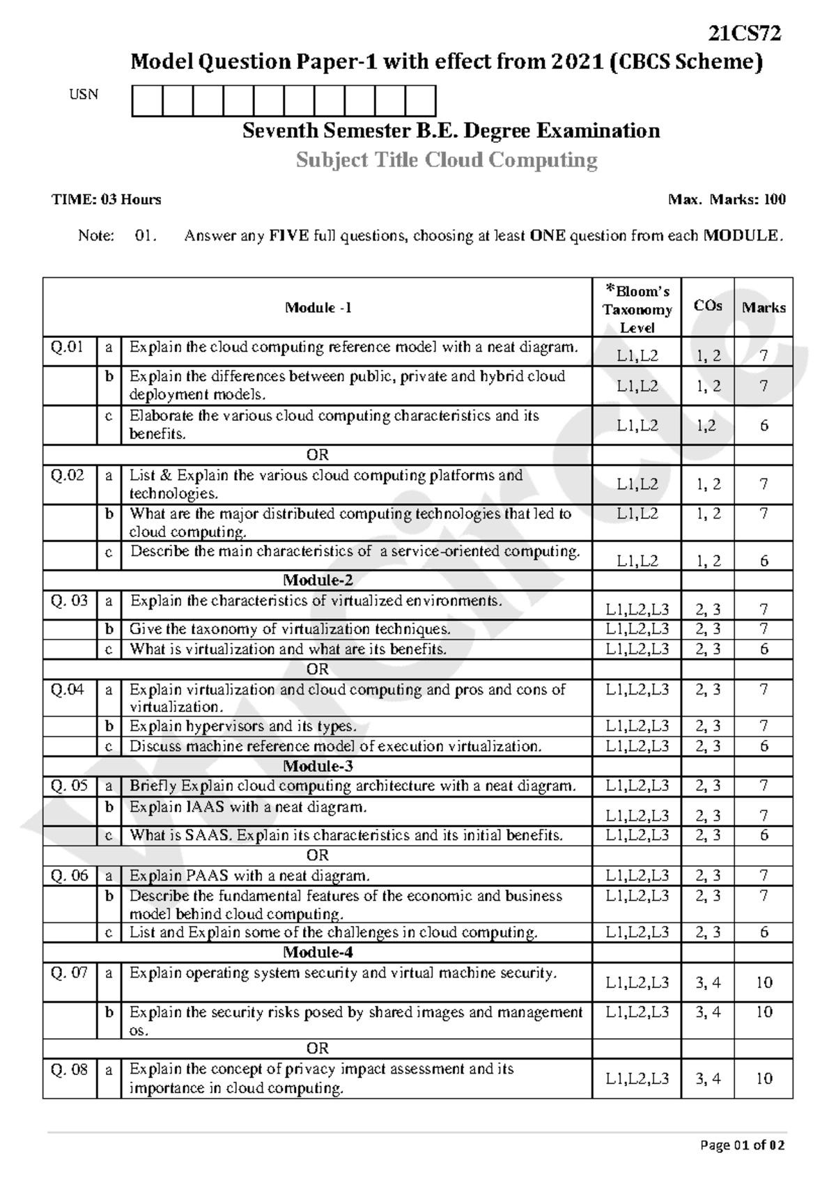 21CS72 Cloud Computing Model Question Paper Set 1 - Studocu
