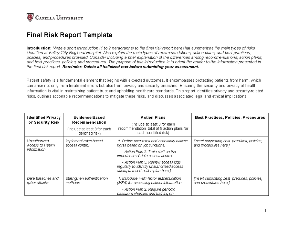 Final Risk Report Template: Identifying and Mitigating Risks at VCRH ...