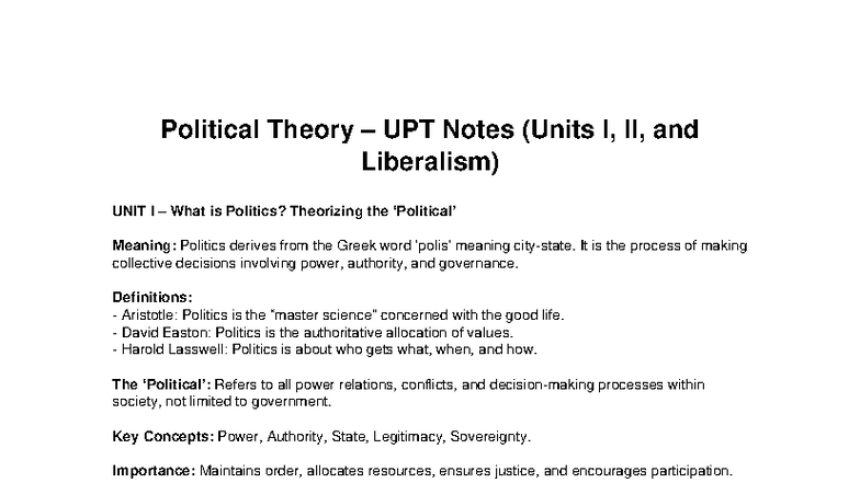 Political Theory UPT Notes: Units I, II & Liberalism Overview - Studocu