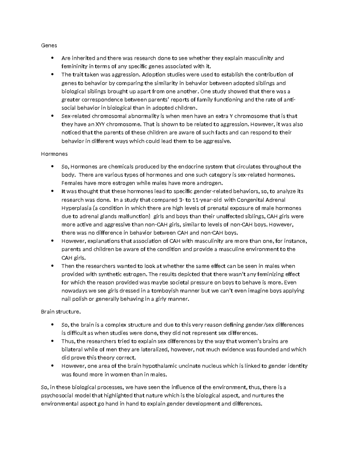 Gender for Psychology-rough notes - Genes Are inherited and there was ...