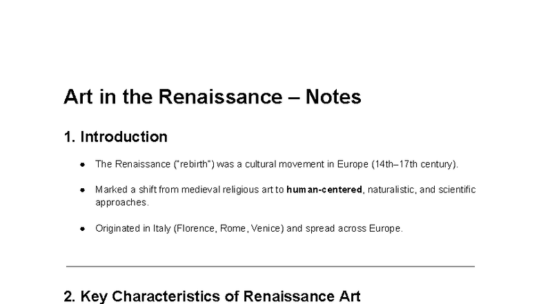 Renaissance Art Overview: Key Characteristics & Phases Notes - Studocu