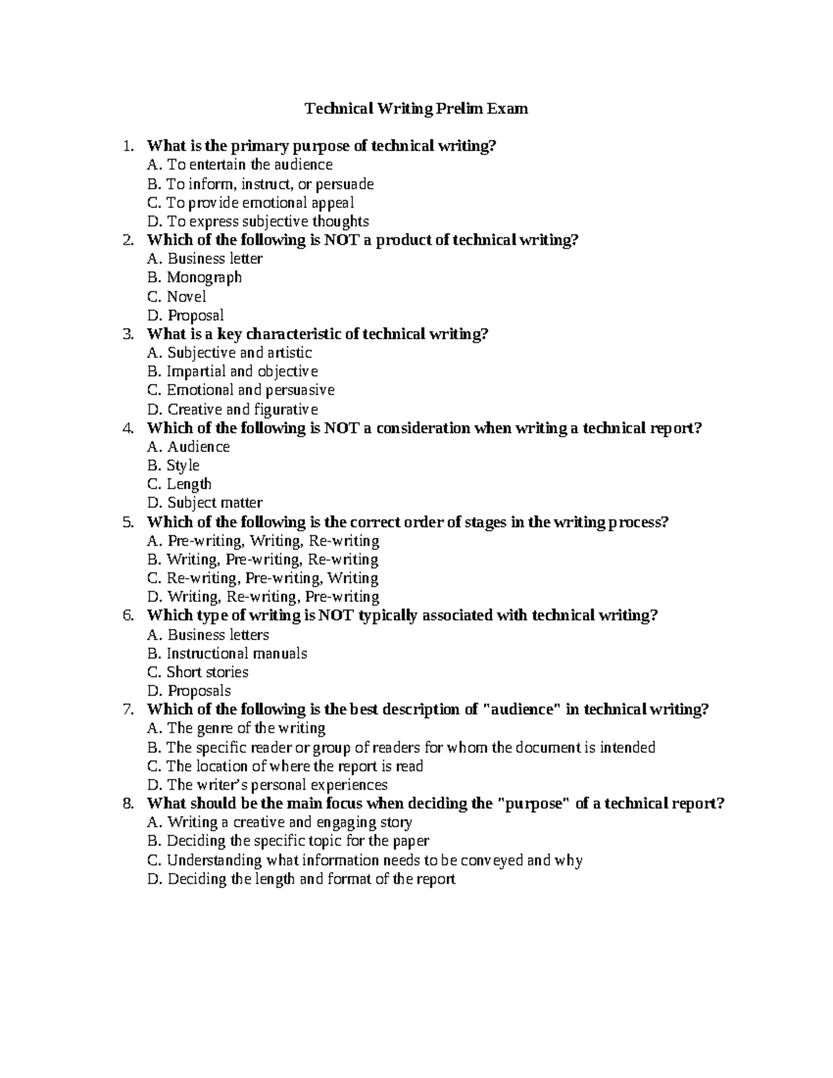 Technical Writing Prelim Exam 1: Key Concepts and Answers - Studocu