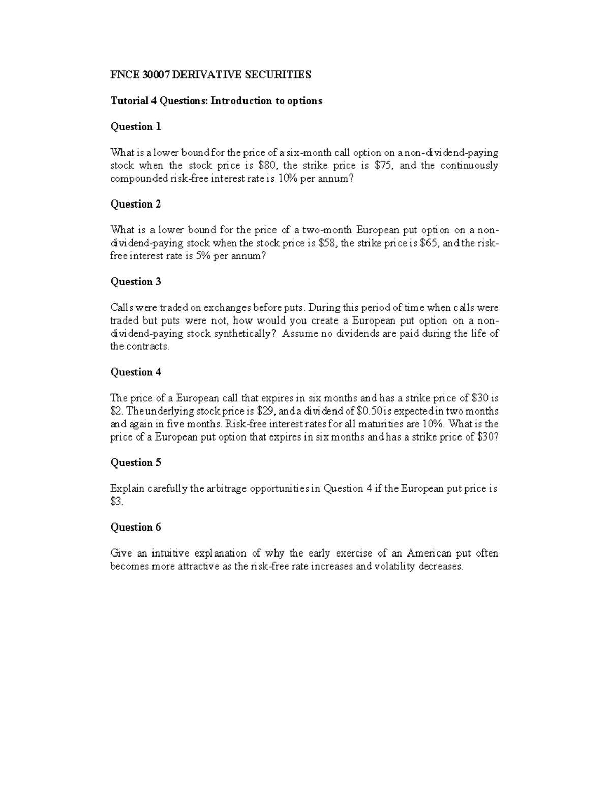 Tutorial 4 - Introduction to options - FNCE 30007 DERIVATIVE SECURITIES ...