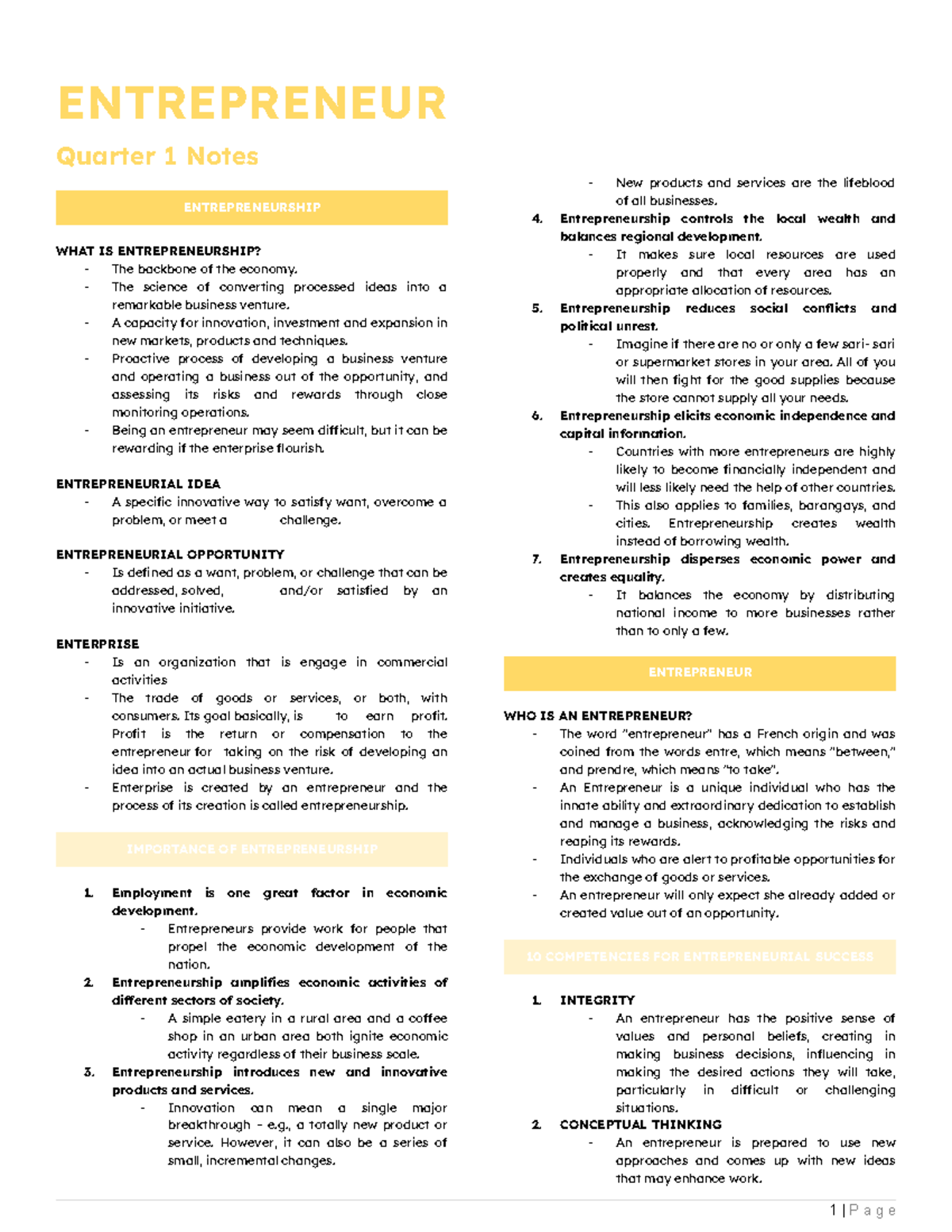 ENTREPRENEUR Q1 Lecture Notes: Understanding Entrepreneurship - Studocu