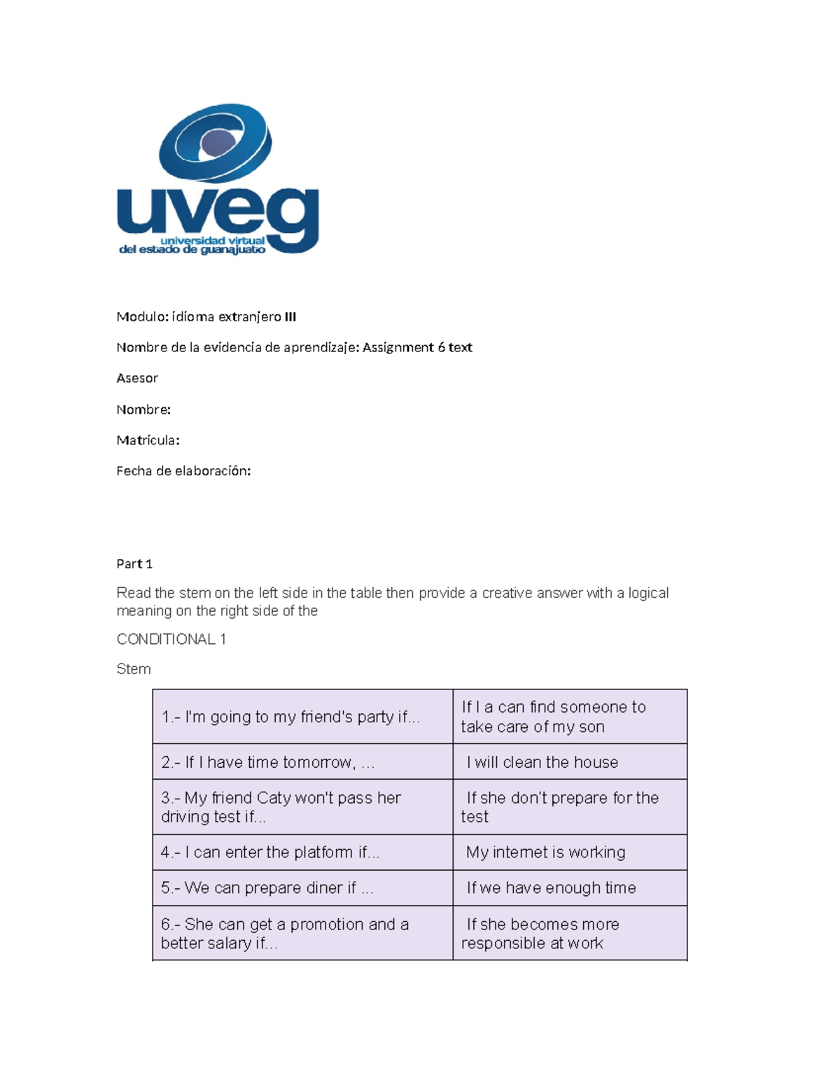 Assignment 6: Conditional Statements in Foreign Language - Studocu