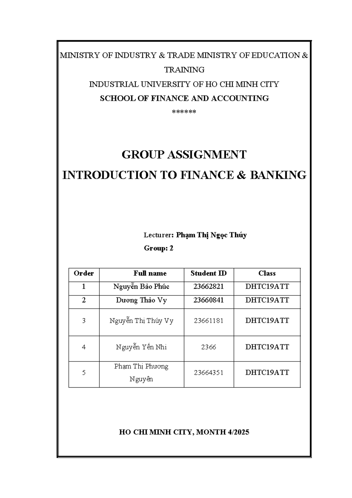 Group Assignment Report: Introduction to Finance Banking (DHTC19ATT ...