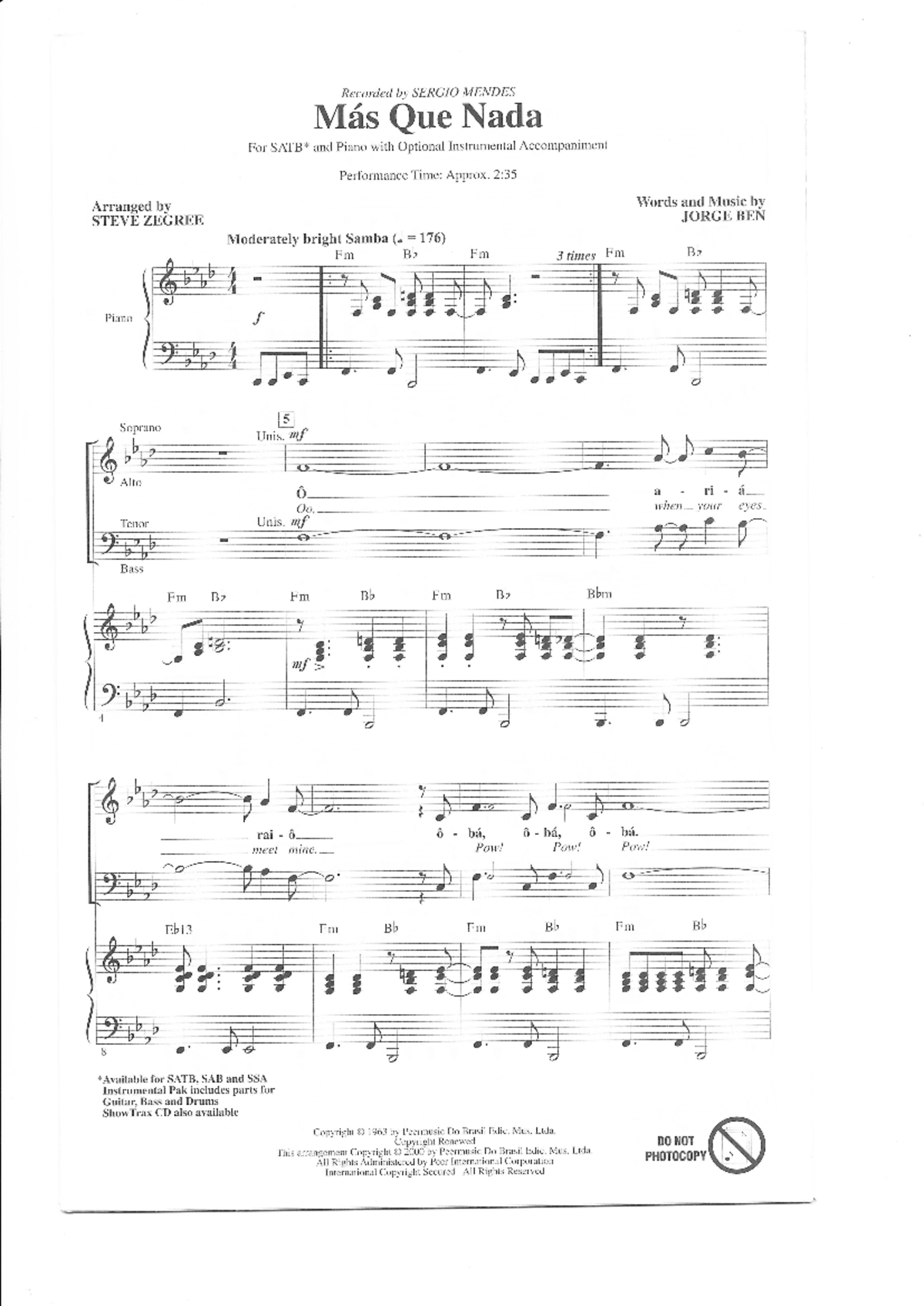 MÄS QUE NADA - SATB Arrangement for Piano & Optional Accompaniment ...