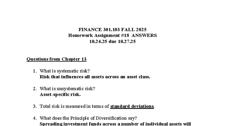 FINANCE 301.103 FALL 2025 Homework Assignment #18 Answers - Studocu