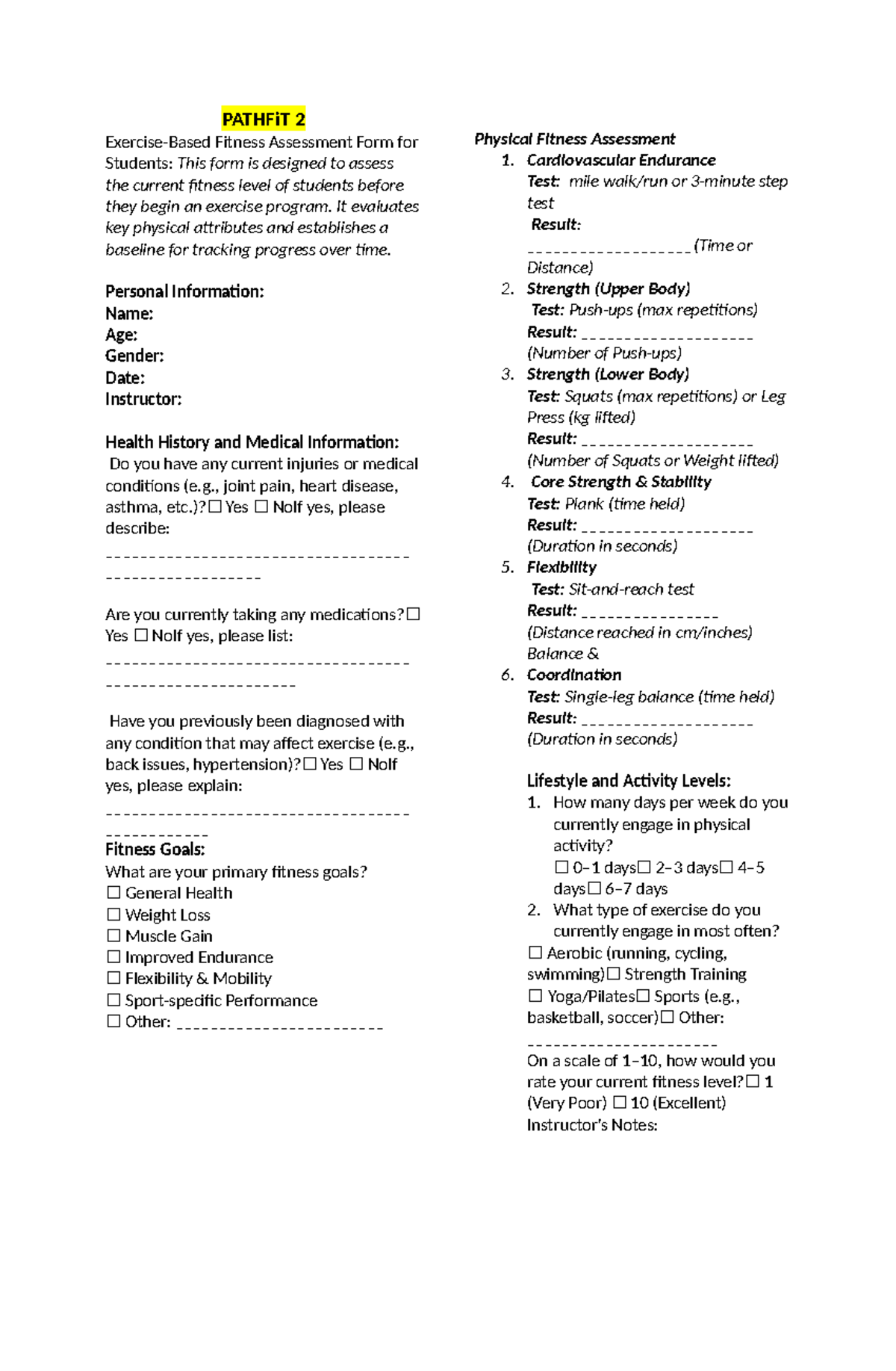 PATHFiT 2 Exercise-Based Fitness Assessment Form - Studocu