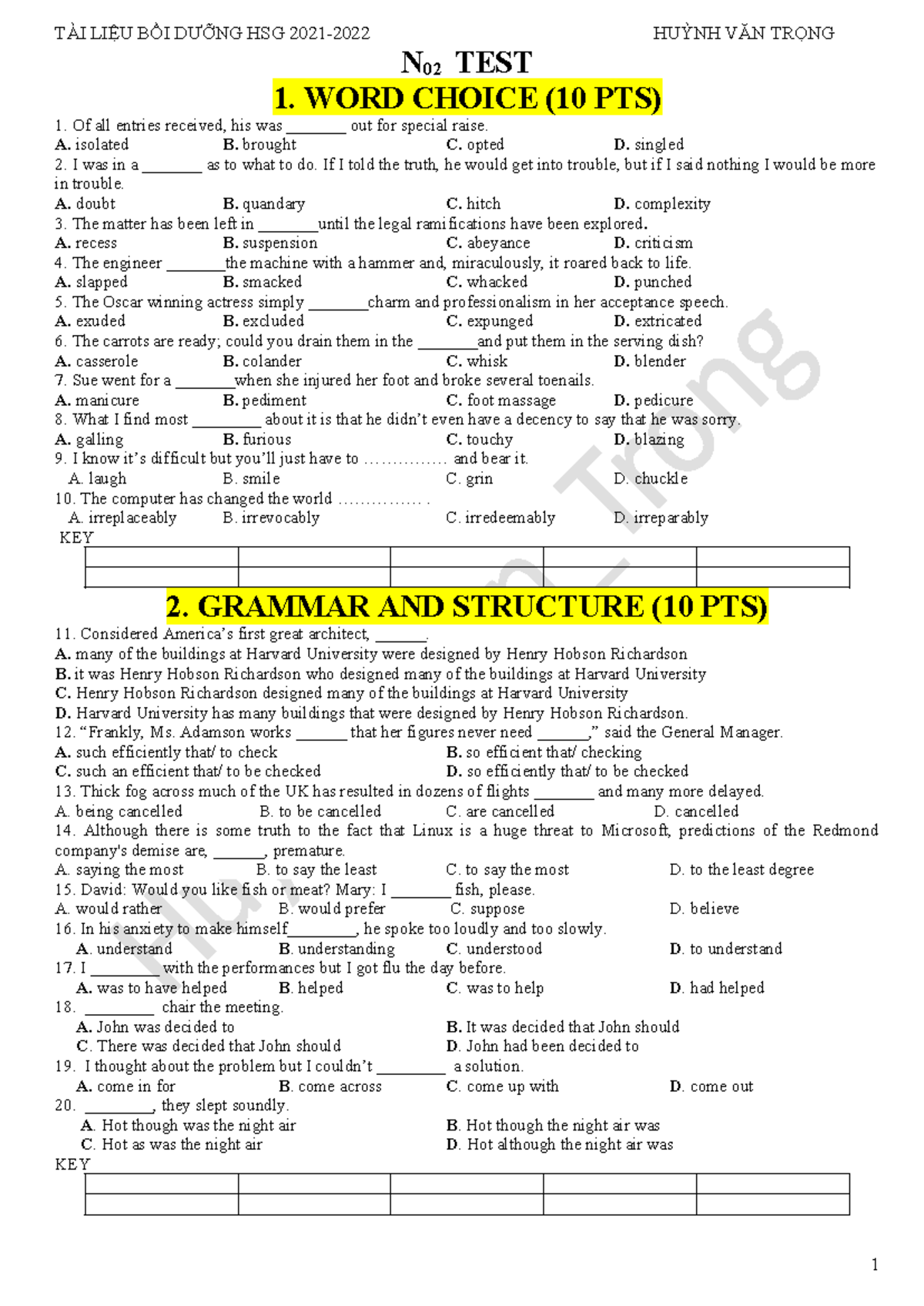 TÀI LIỆU BỒI DƯỠNG HSG HUỲNH VĂN TRỌNG N02 TEST 1: WORD CHOICE ...