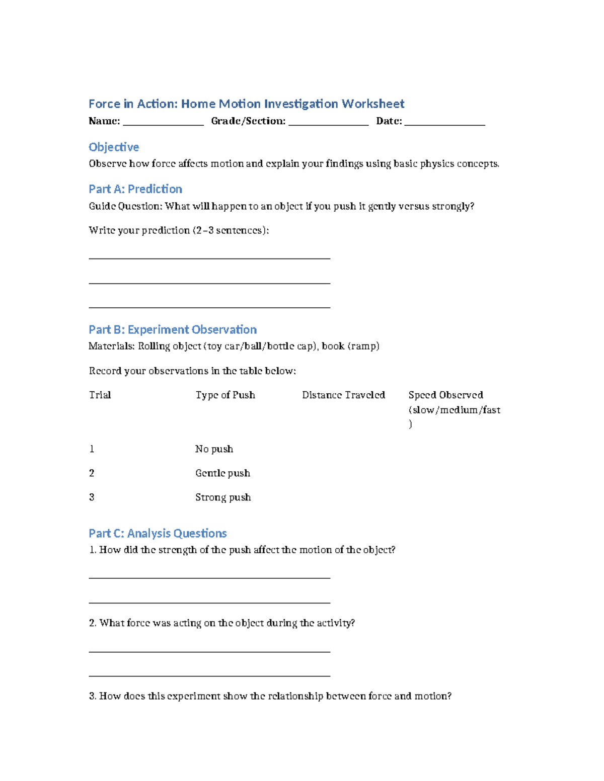 Force and Motion Investigation Worksheet - Grade 8 - Studocu