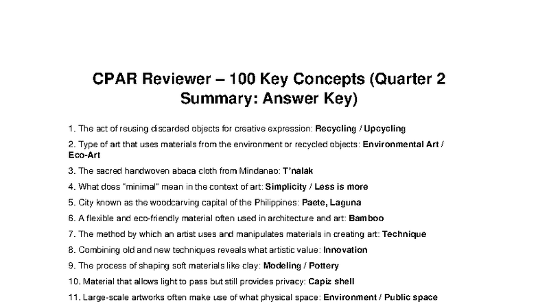 CPAR 100 Key Concepts: Quarter 2 Art Review Answer Key - Studocu