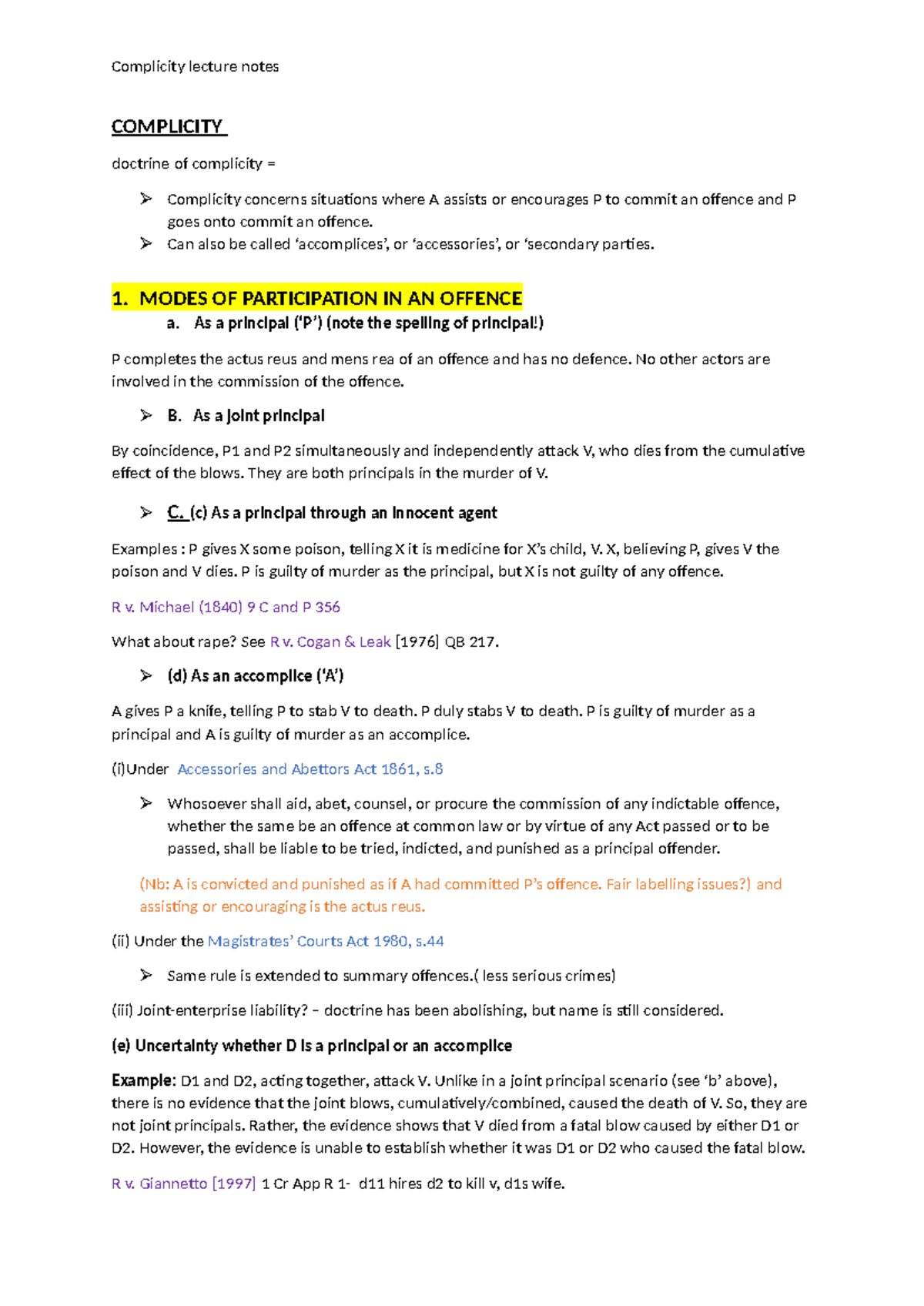 Complicity Lecture Notes for CRIM 101: Understanding Accomplice ...