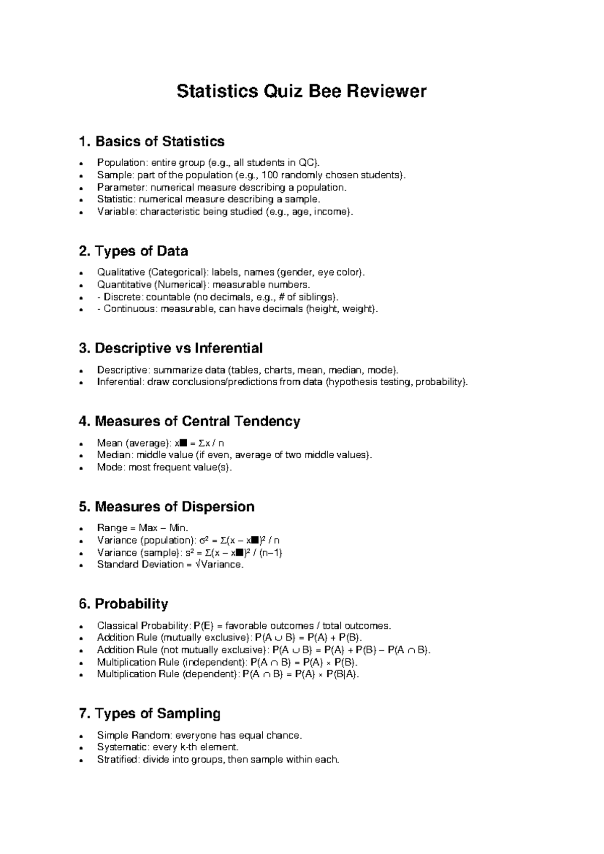 Statistics Quiz Bee Reviewer 1: Key Concepts & Definitions - Studocu