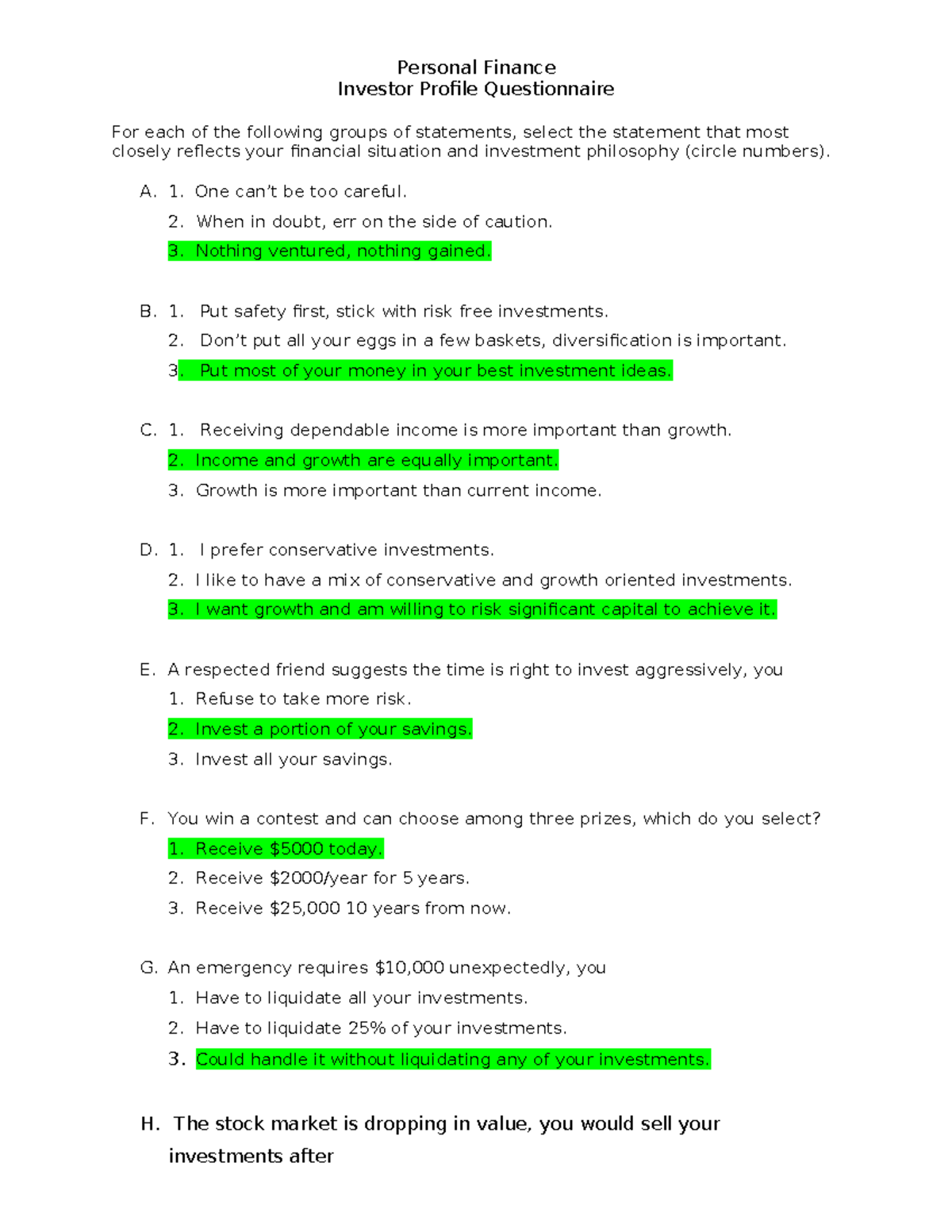 Investment Profile Questionnaire - Personal Finance Investor Profile ...