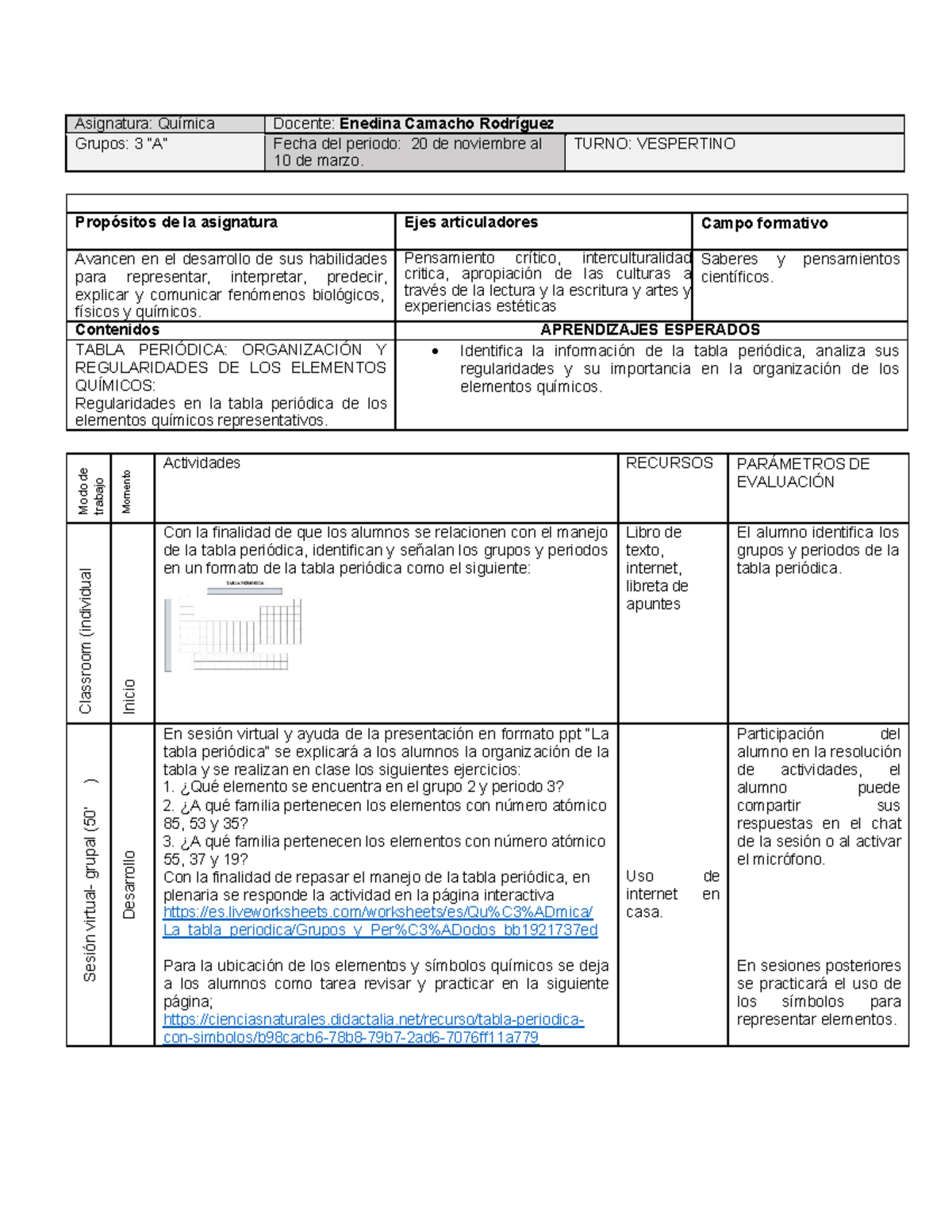 Plan de Química 2° Trimestre: Tabla Periódica y Modelo Atómico - Studocu