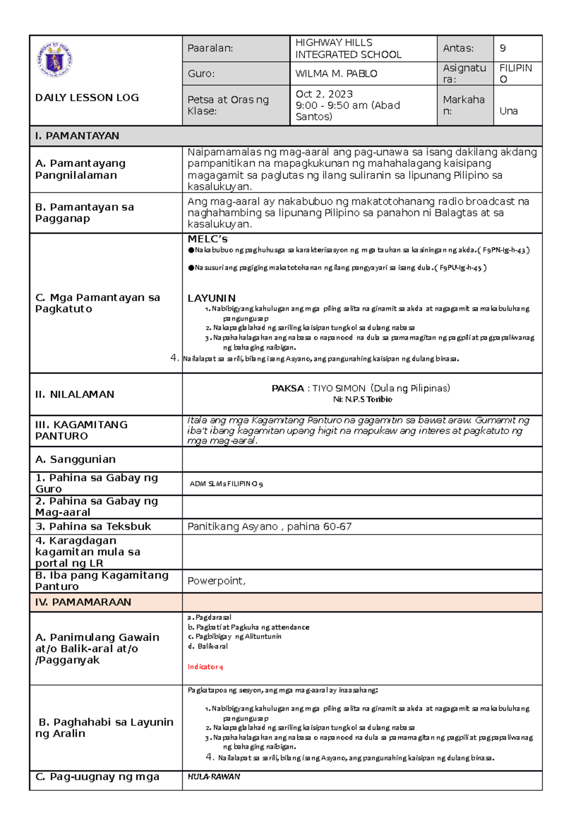 COT1 Lesson Log on Tiyo Simon (Filipino 9) - Daily Reflection - Studocu