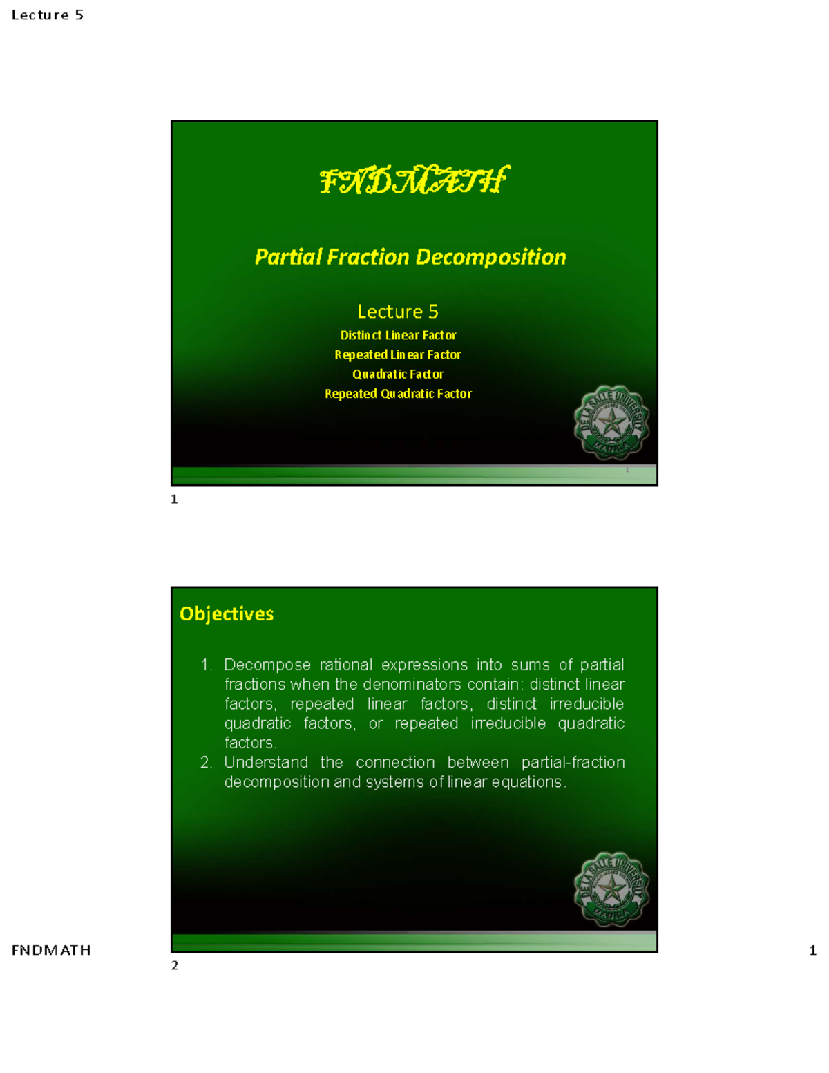 FNDMATH Lecture 5: Partial Fraction Decomposition Techniques - Studocu