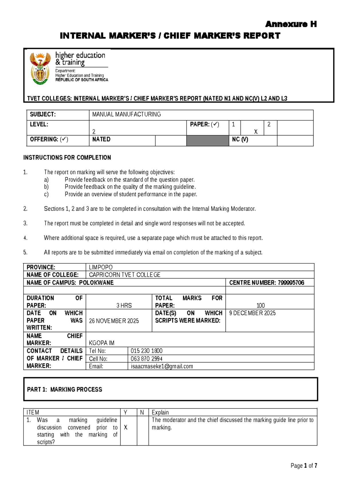NATED NC(V) L3 Machine Manufacturing Marking Report - Polokwane - Studocu