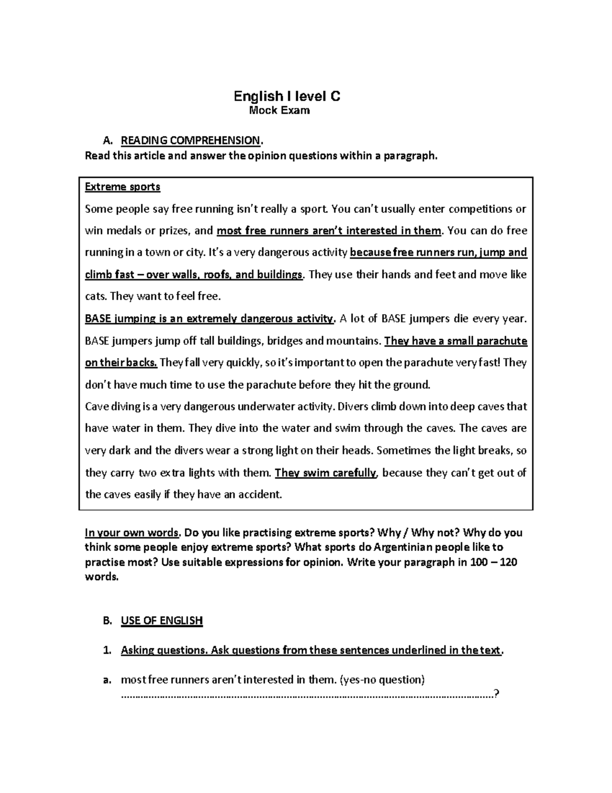 Mock Exam 1 C - ejemplo examen - English I level C Mock Exam A. READING ...