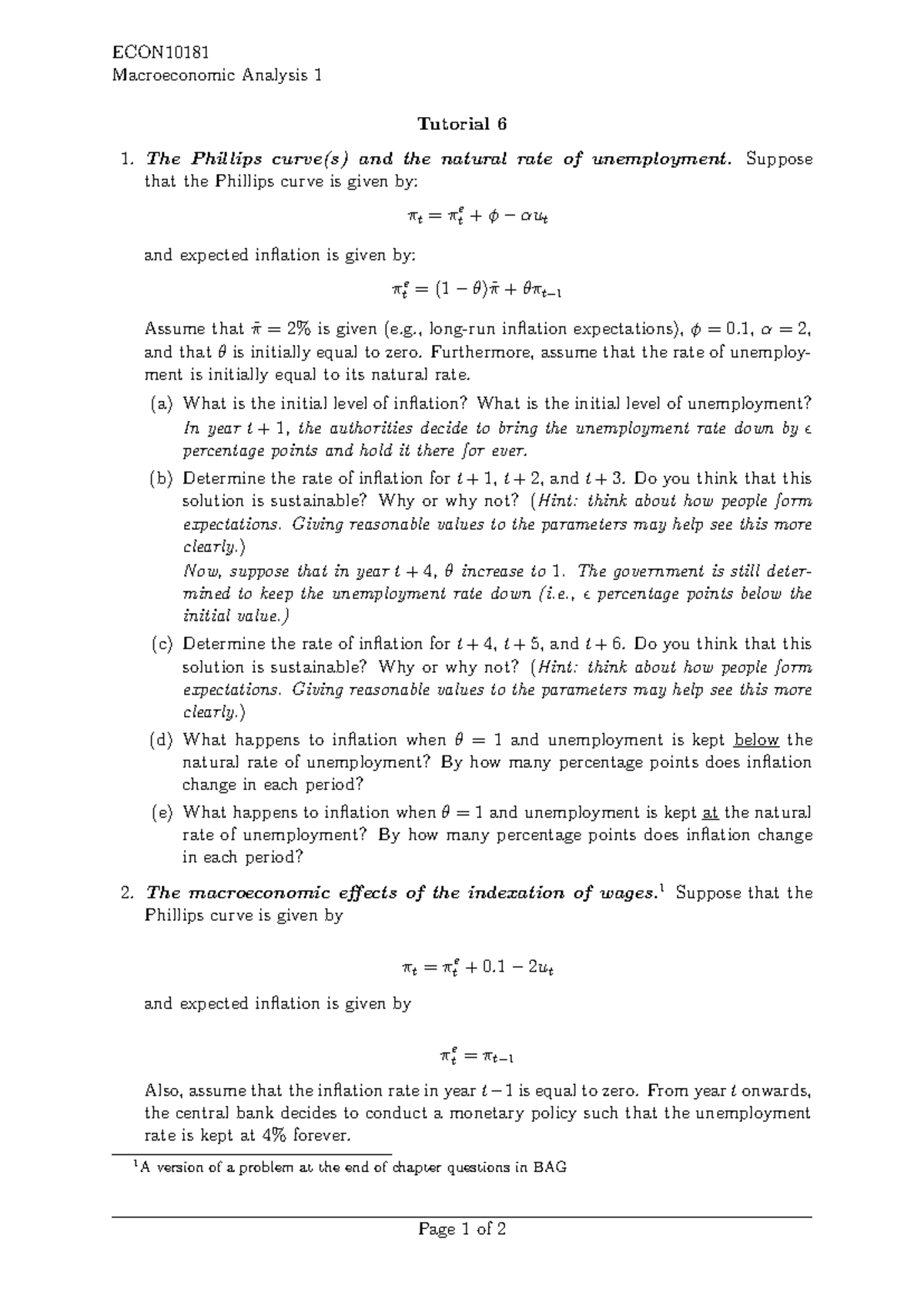 ECON10181 Macroeconomic Analysis 1 Tutorial 6: Phillips Curve ...