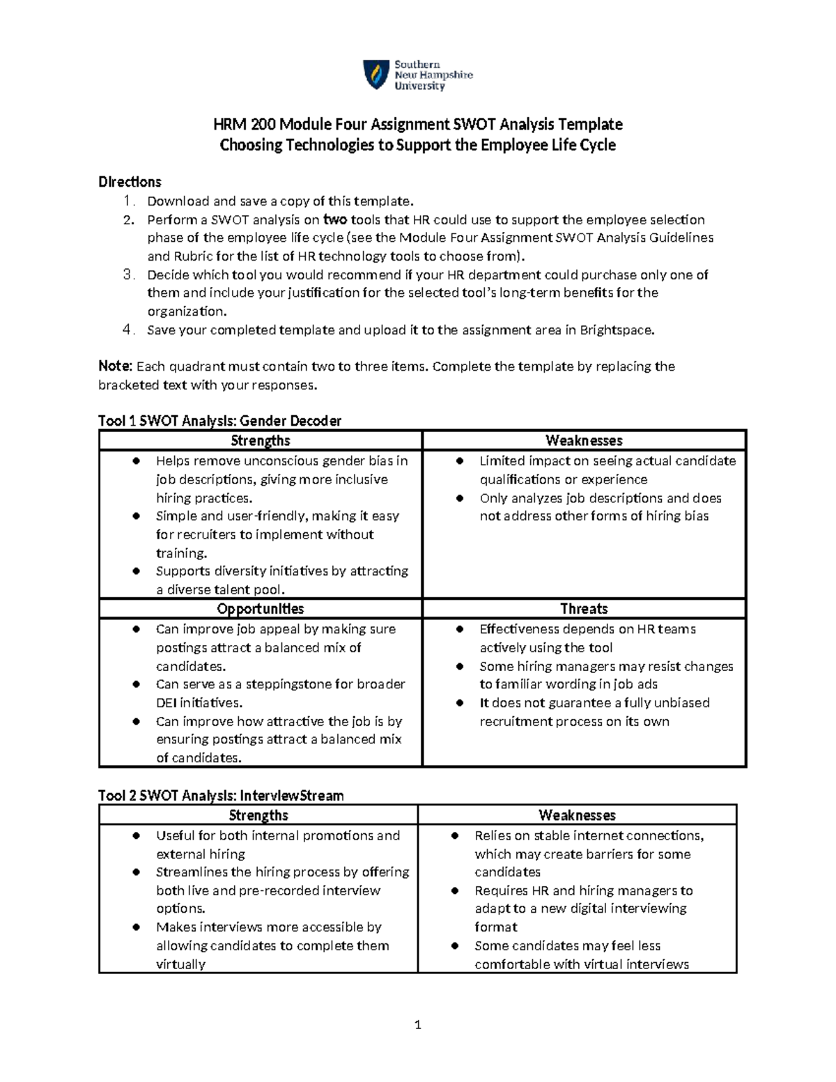 HRM 200 Module Four Assignment SWOT Analysis - Download and save a copy ...