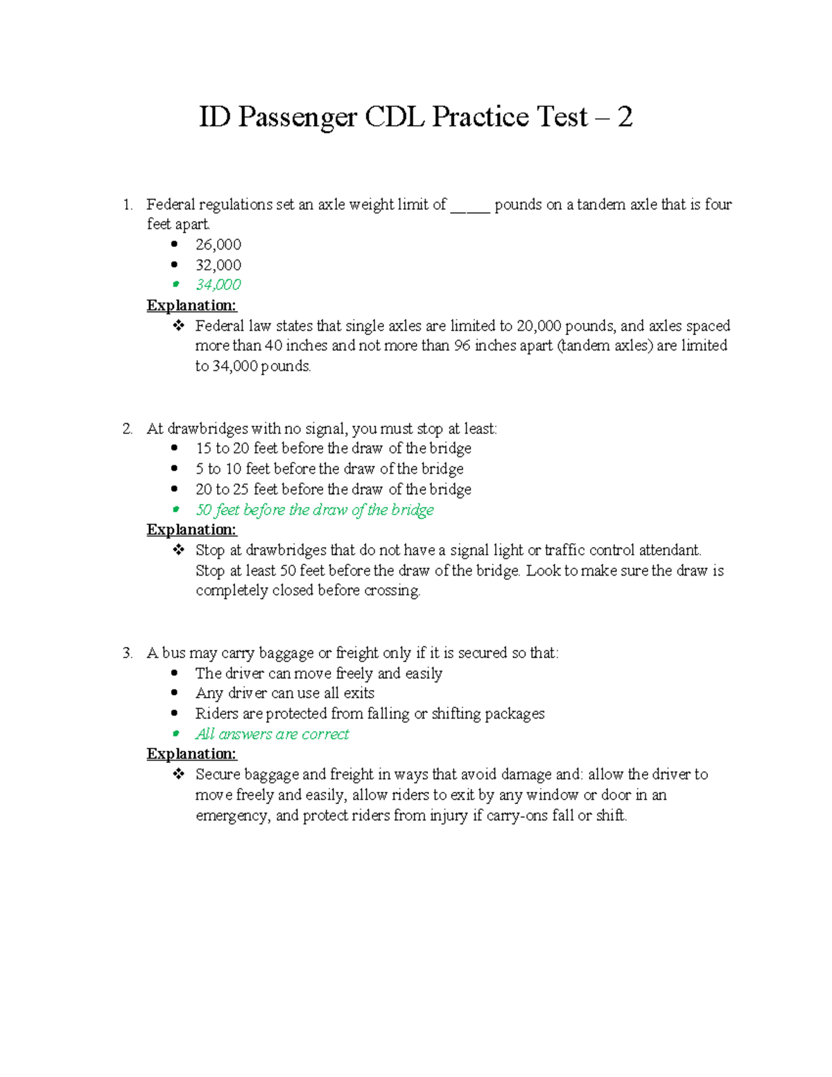 ID Passenger CDL Practice Test 2: Key Regulations & Safety Tips - Studocu