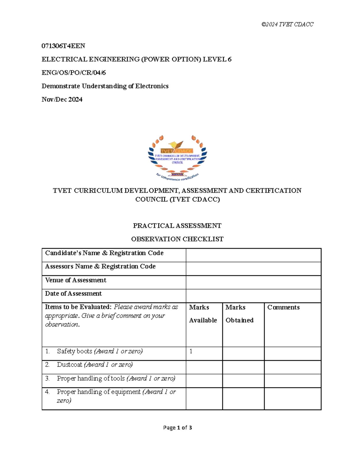 TVET CDACC 071306T4EEN Level 6 Electronics Practical Assessment Checklist - Studocu