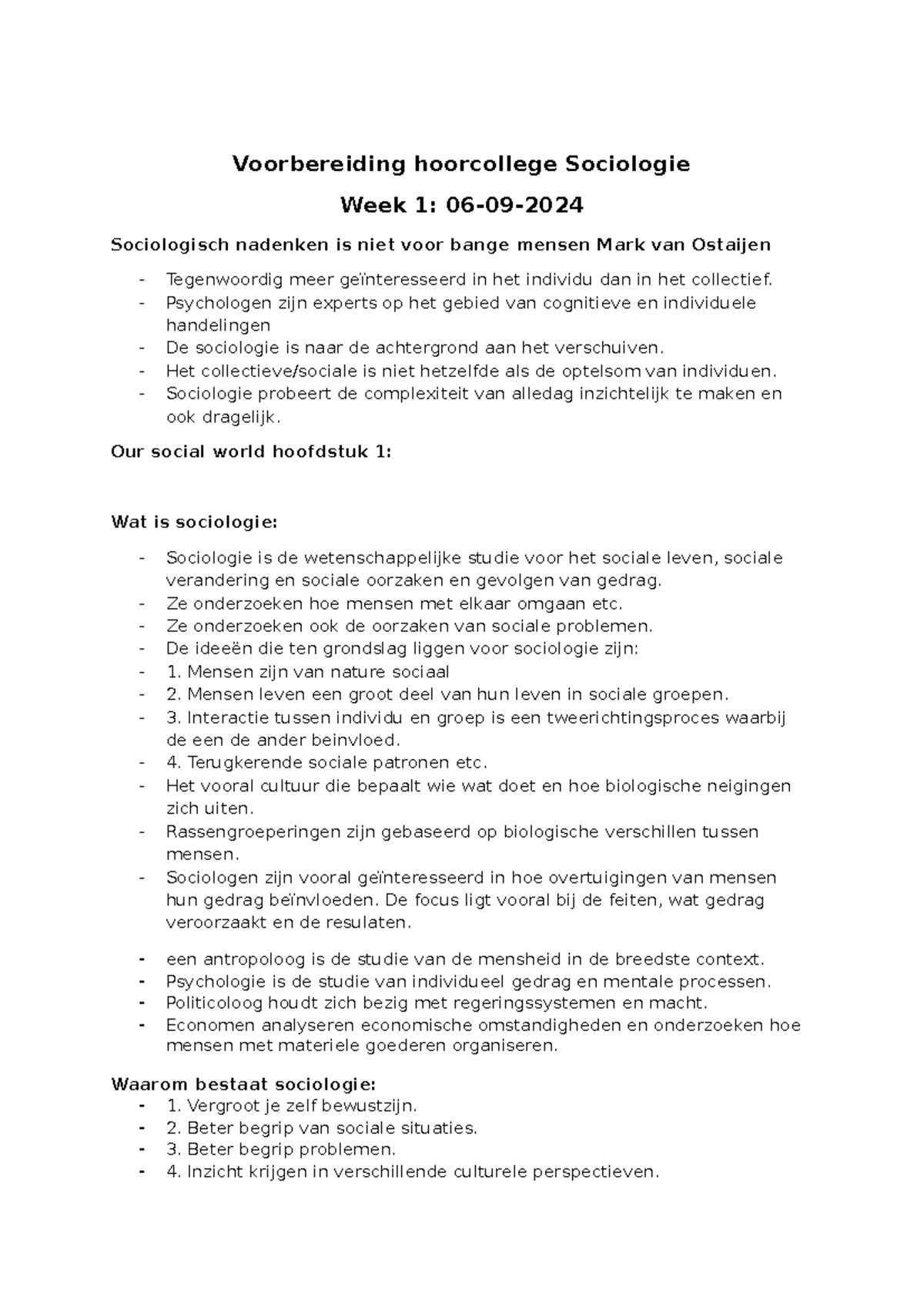 Voorbereiding Hoorcollege Sociologie Week 1: Inleiding tot Sociologisch ...
