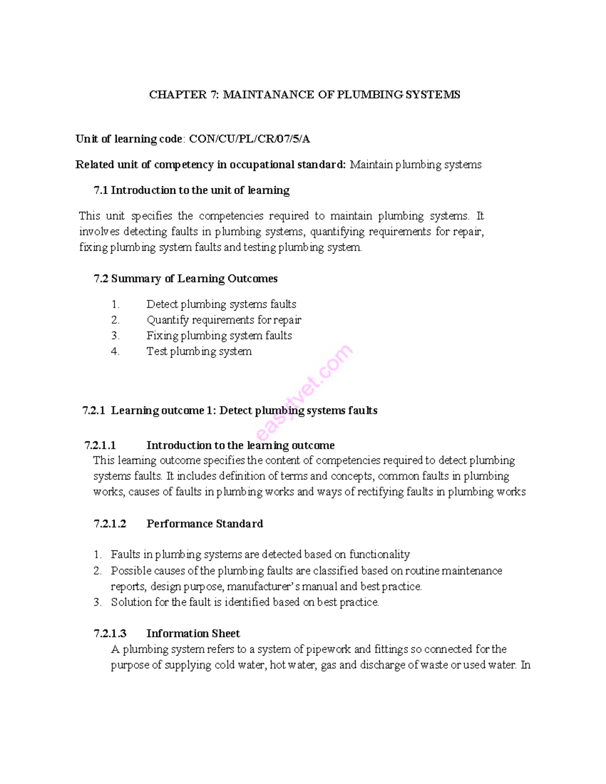 CHAPTER 7: MAINTENANCE OF PLUMBING SYSTEMS - Competency Overview - Studocu