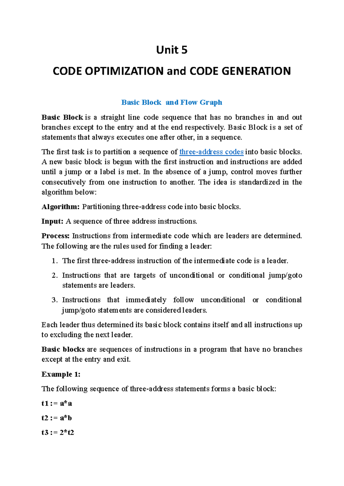 Unit 5-2: Code Optimization & Generation - Basic Blocks & Flow Graphs - Studocu