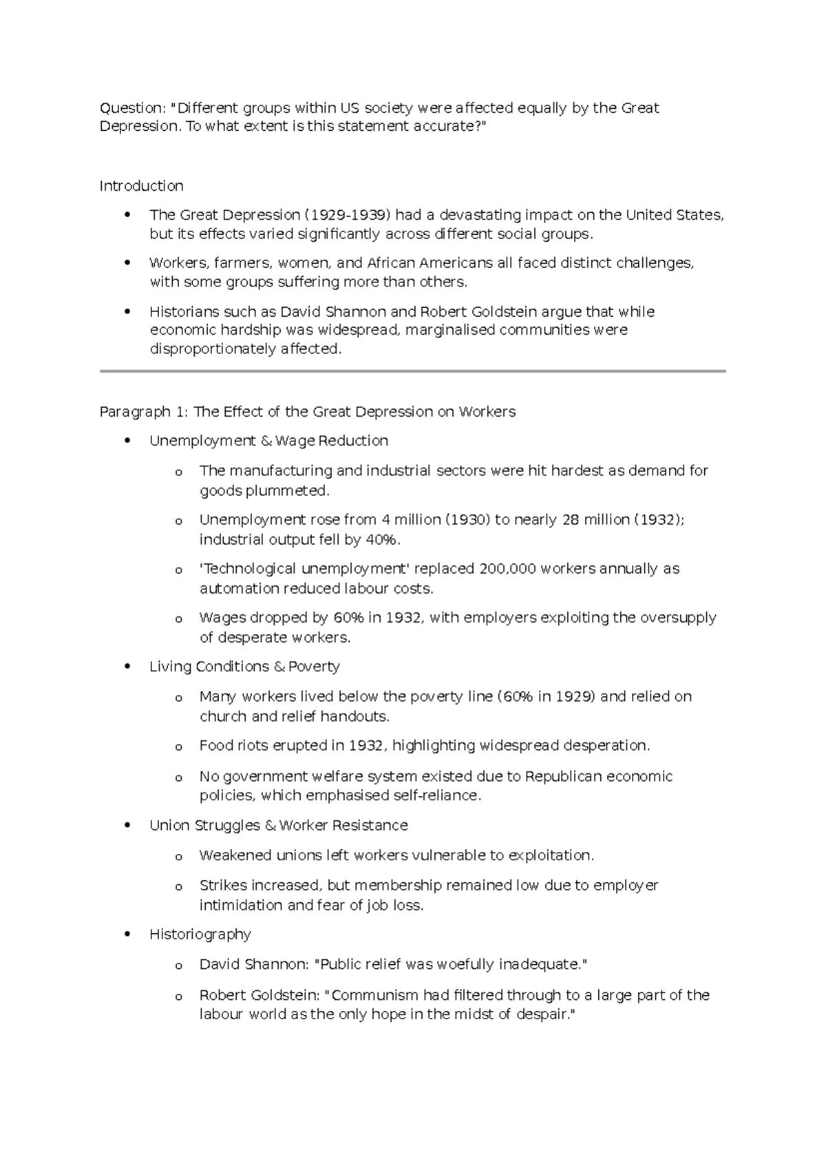 Impact on Groups During the Great Depression: An Essay Scaffold - Studocu