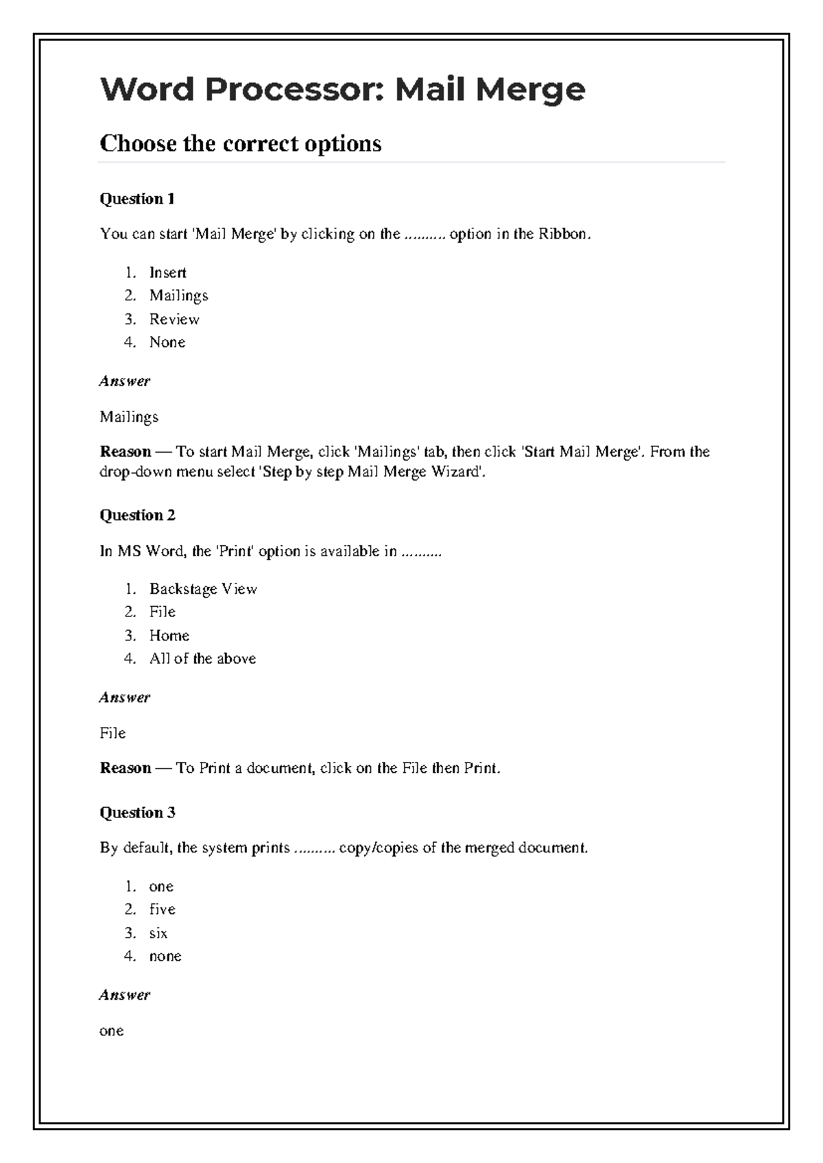 Mail Merge Practice Questions and Answers for MS Word - Studocu