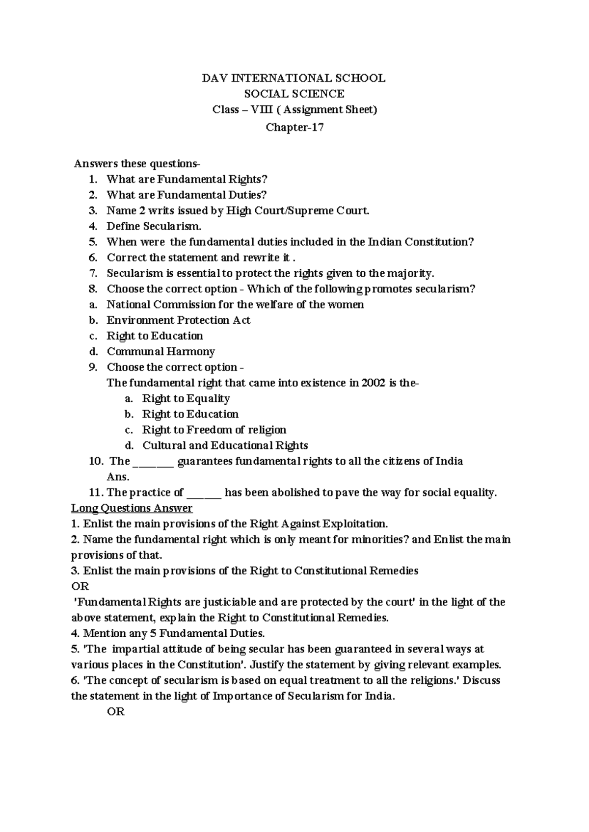 DAV INTERNATIONAL SCHOOL SOCIAL SCIENCE Class - Chapter 17 Assignment ...